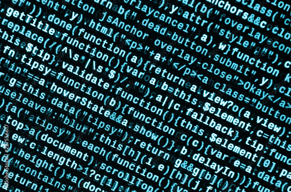 Writing programming code on laptop. Digital binary data on computer ...