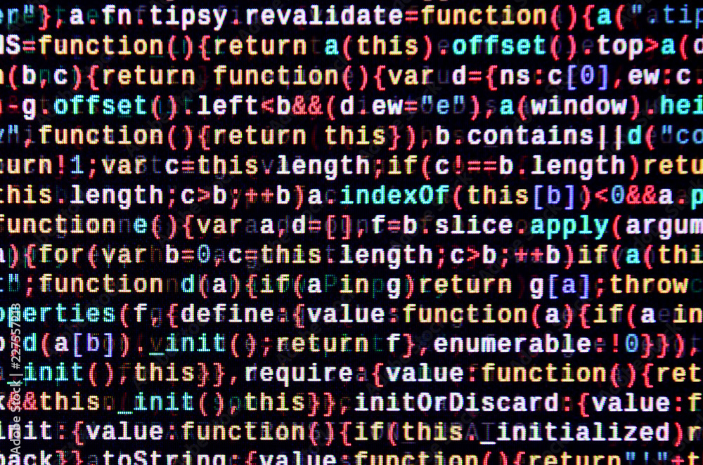 Javascript functions, variables, objects. Monitor closeup of function source code. IT specialist ...