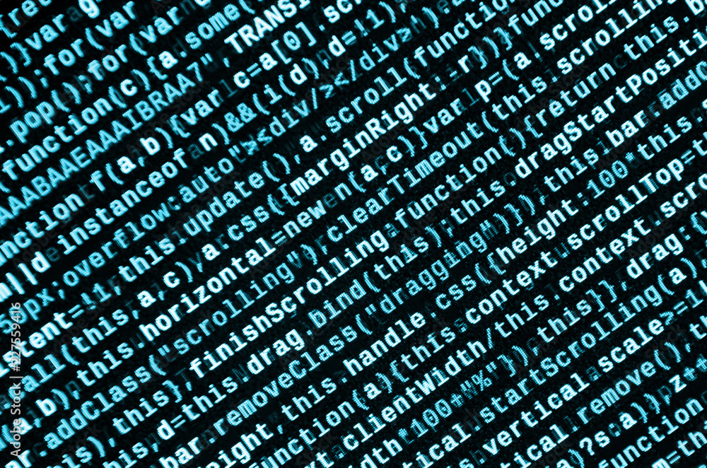 Writing programming code on laptop. Digital binary data on computer ...