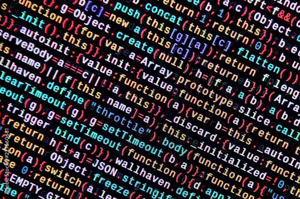 JavaScript code in text editor. Coding cyberspace concept. Screen of ...