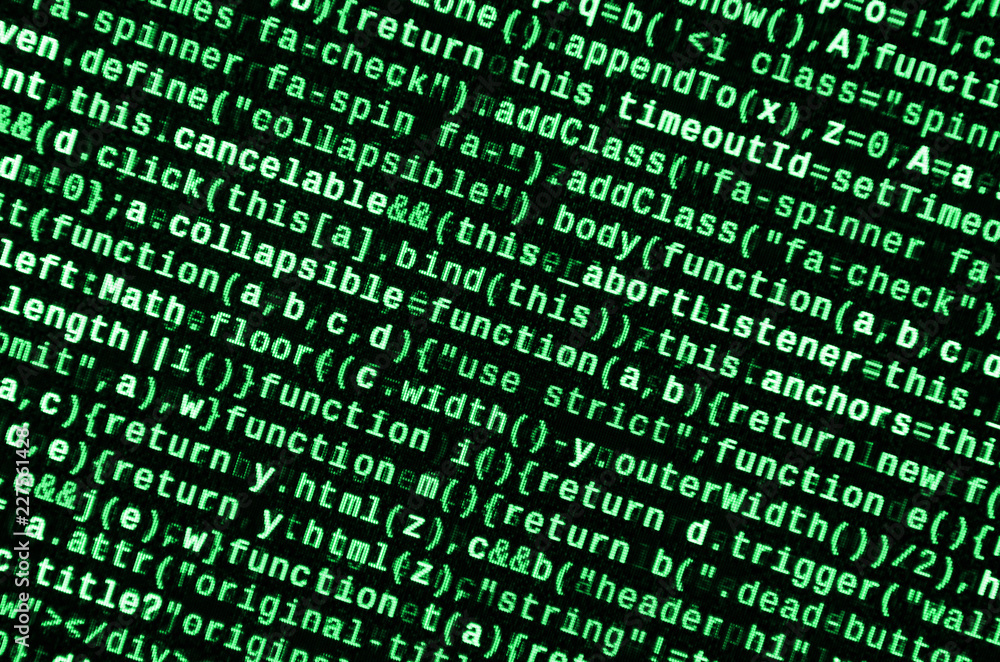Javascript functions, variables, objects. Monitor closeup of function source code. IT specialist ...