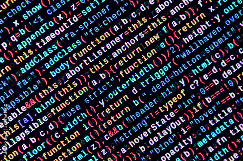 Javascript functions, variables, objects. Monitor closeup of function source code. IT specialist ...