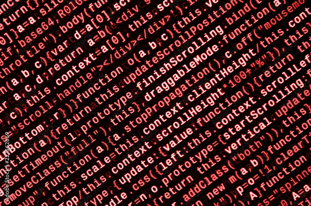 Writing programming code on laptop. Digital binary data on computer ...