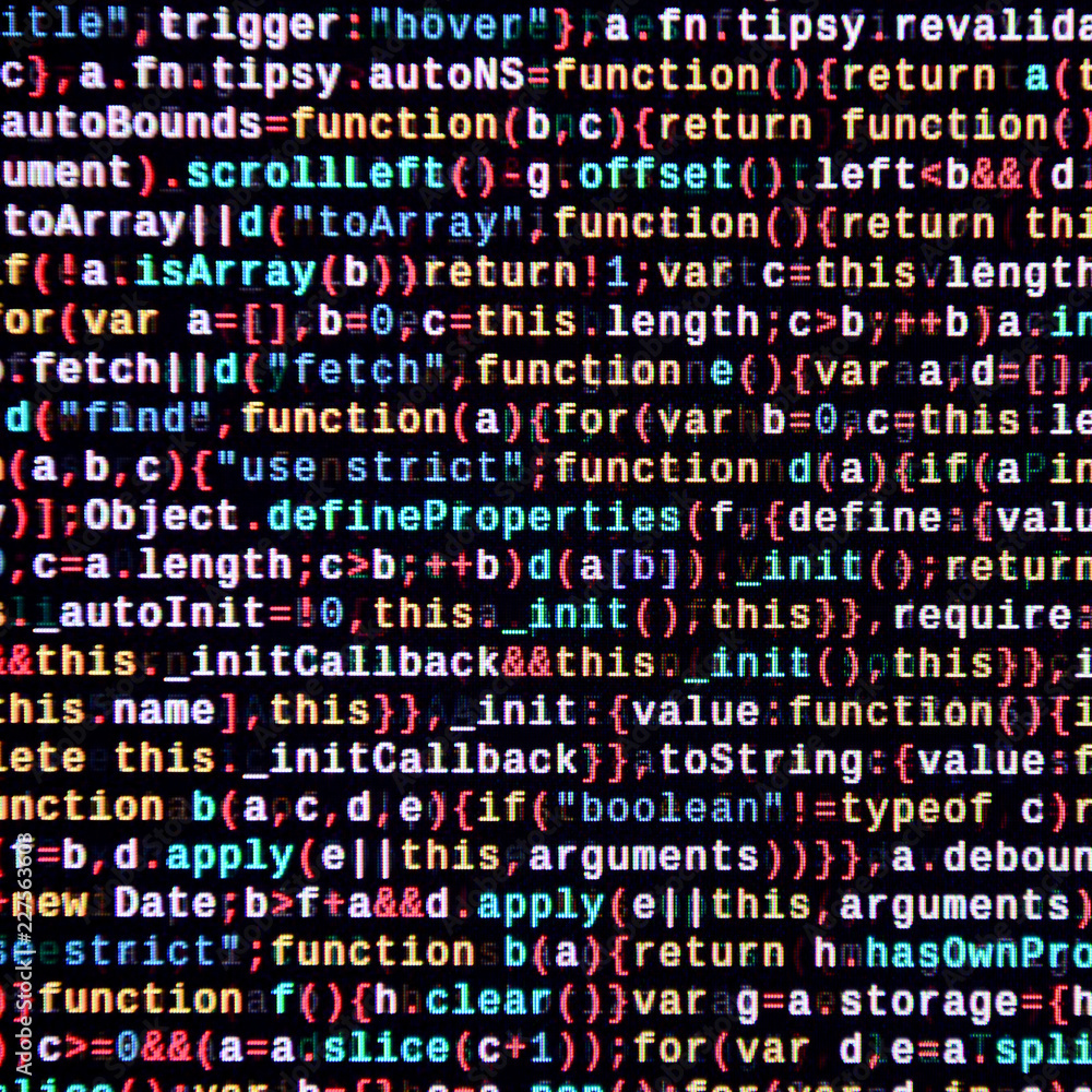 Javascript functions, variables, objects. Monitor closeup of function source code. IT specialist ...