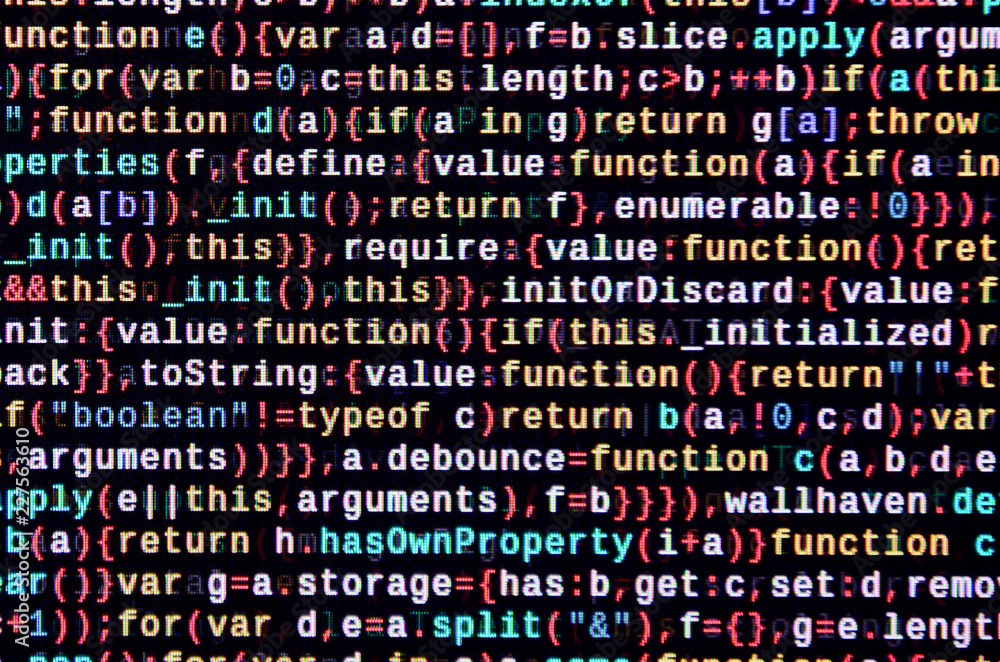 JavaScript code in text editor. Coding cyberspace concept. Screen of ...