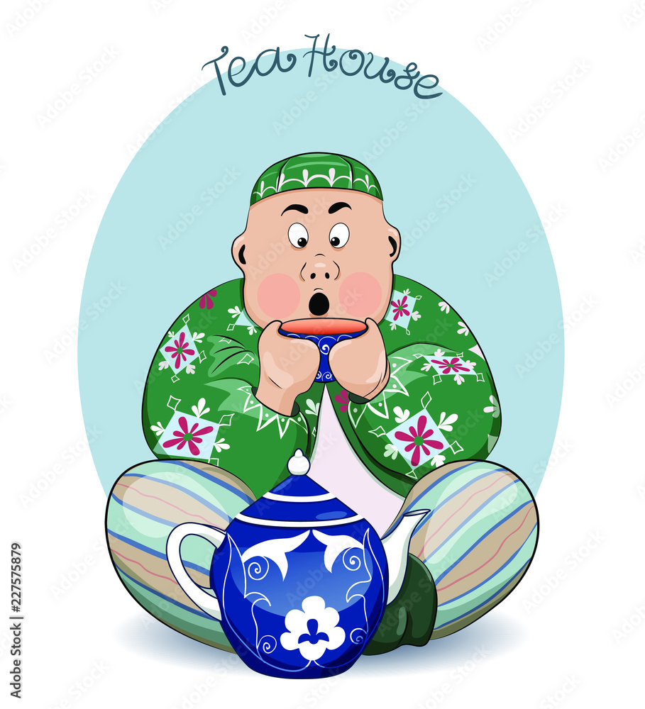 Asian man sitting and drinking tea from the traditional asian teapot ...