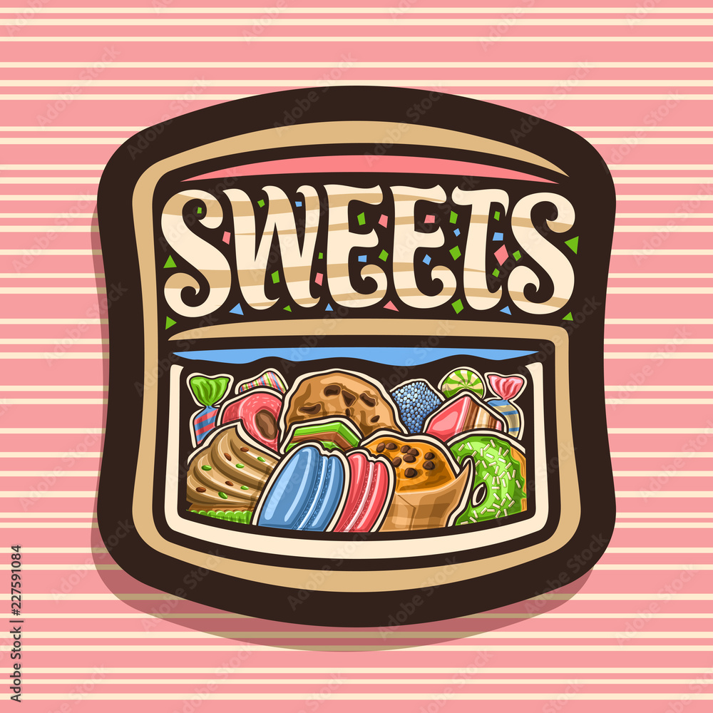Vector logo for Sweets, dark signboard with heap of cartoon gourmet ...