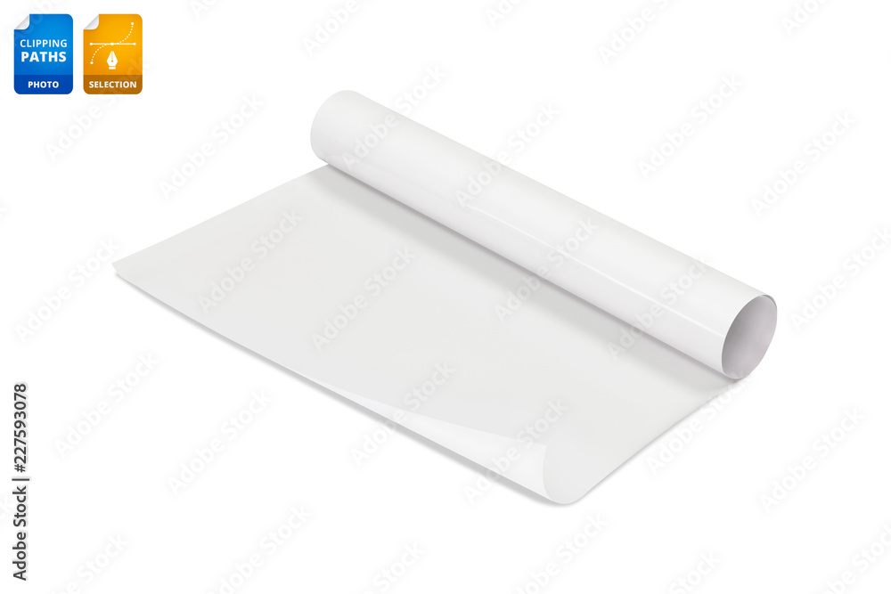 Blank paper roll isolated on white background. Glossy sticker paper for ...
