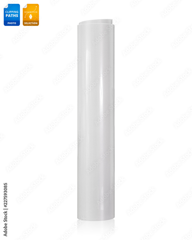 Blank paper roll isolated on white background. Glossy sticker paper for ...