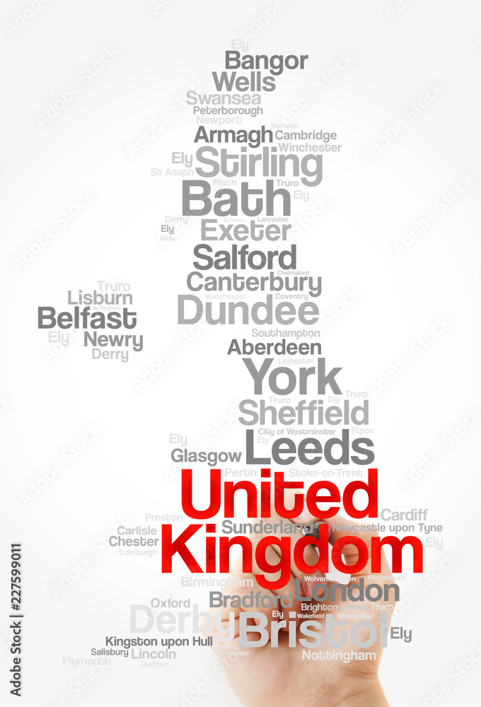 List of cities and towns in UNITED KINGDOM, map word cloud collage with ...