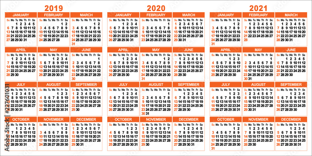 Calendar 2019; 2020; 2021 years. Two colors vector set. Week starts on ...