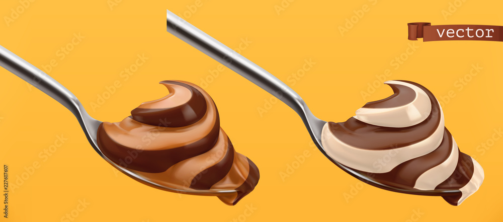Spoon with chocolate and caramel. 3d vector realistic icon Stock Vector ...