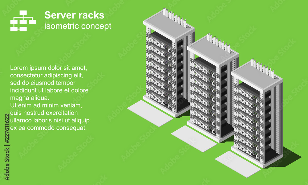 Server racks room isometric vector illustration. Datacenter icon. Stock ...