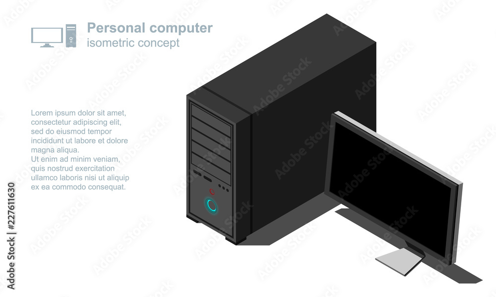 Isometric computer case with monitor vector illustration isolated on ...