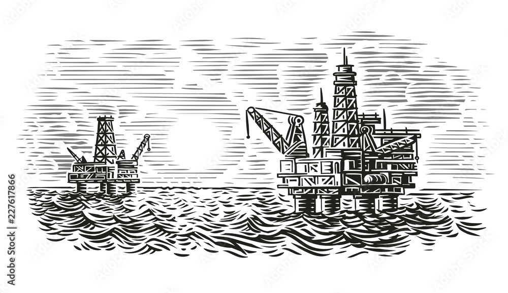 Offshore oil rig engraving style illustration. Sea oil drilling. Vector ...