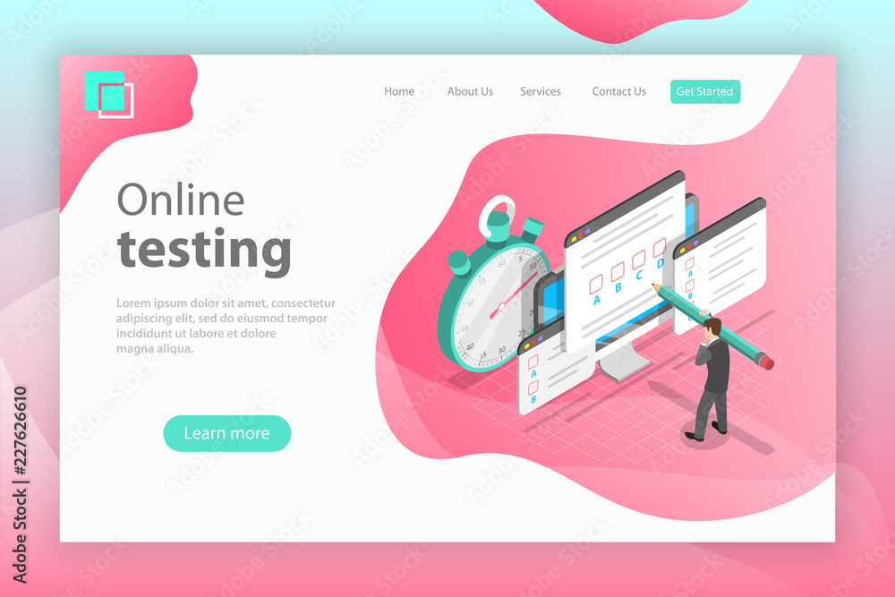 Isometric flat vector landing page header for online testing ...