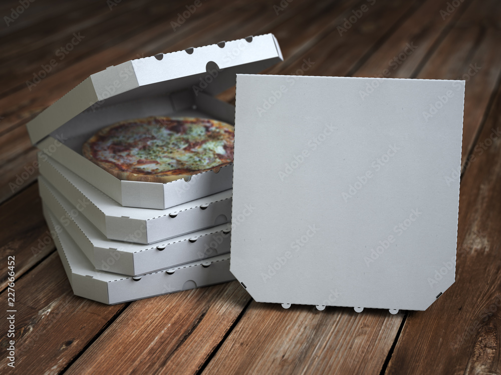 Pizza boxes on vintage wooden planks. Mock up. Stock Illustration ...