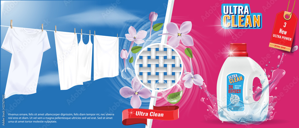 Laundry detergent advertisement template with water splash effect ...
