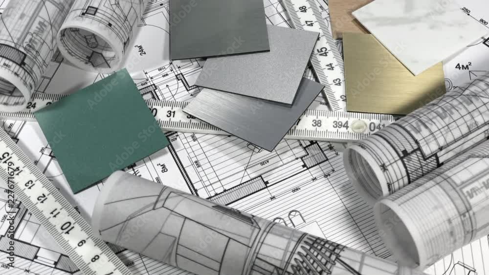 Blueprints: architectural drawings, yardstick - folding ruler & samples ...