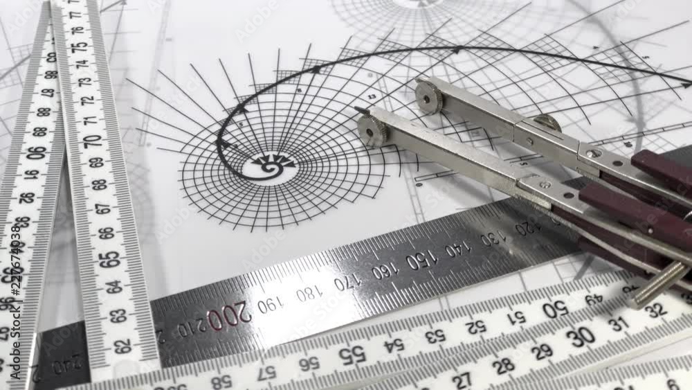Blueprints - compass, yardstick - folding ruler and drawing of the ...