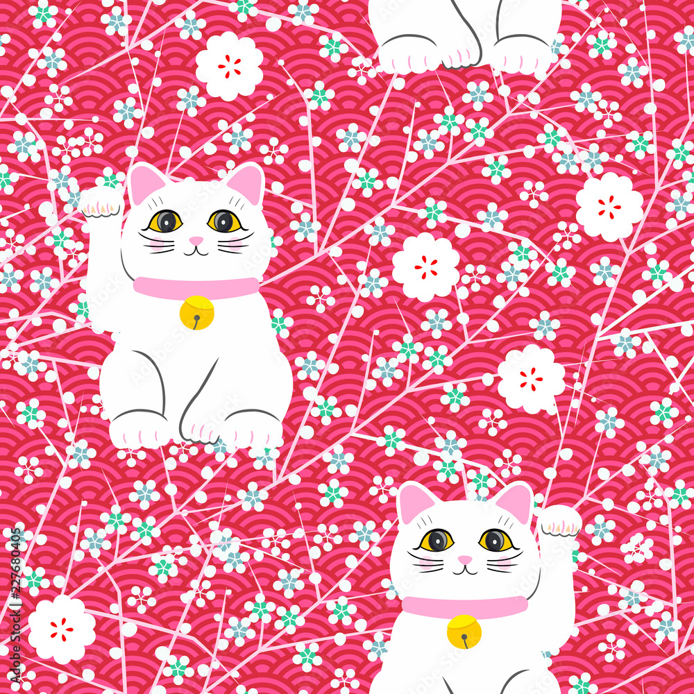 Maneki-neko cat. Seamless pattern with sitting hand drawn lucky cats ...