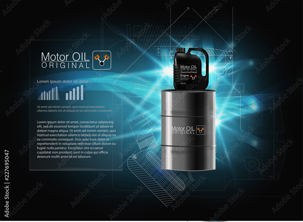 Vector illustration with realistic canister and motor oil on bright ...