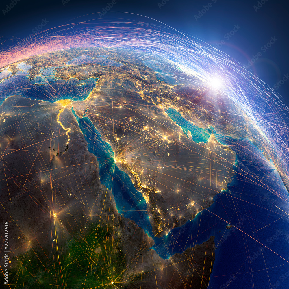 Detailed air routes on Earth. Saudi Arabia. 3D rendering Stock ...