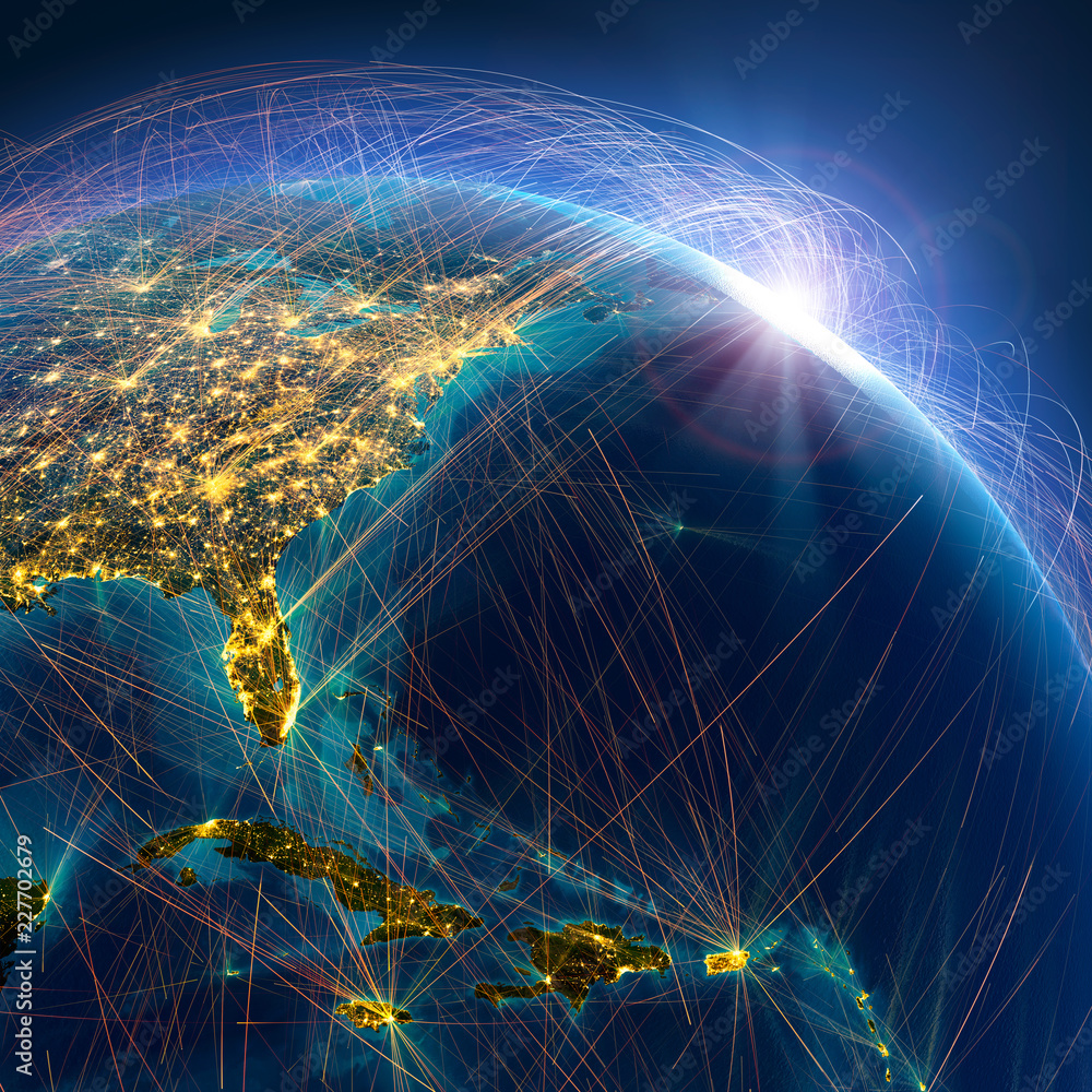 Detailed air routes on Earth. East Coast of the USA. 3D rendering ...