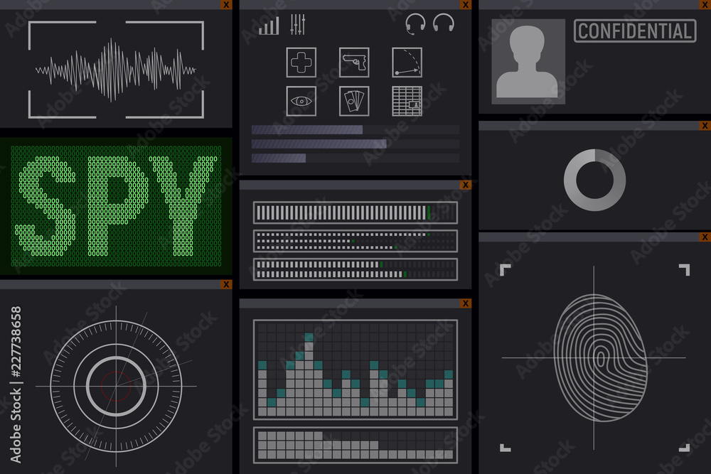 PC software for the spy. Screen vector illustration. Detective hacker ...