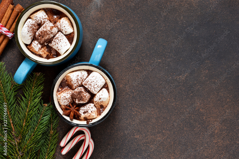 Hot chocolate is a traditional winter drink. Christmas background ...