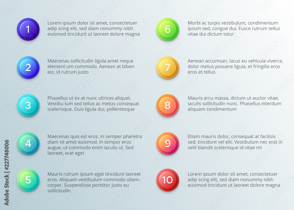 Text with number bullets. Ten pointing paragraph layout with number buttons. Vector infographics ...