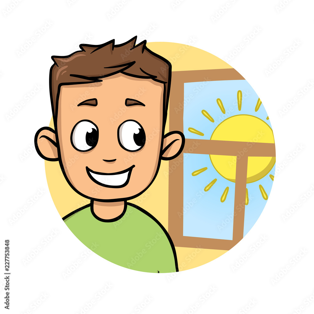 Little boy looking out the window at sunny weather. Cartoon flat design ...