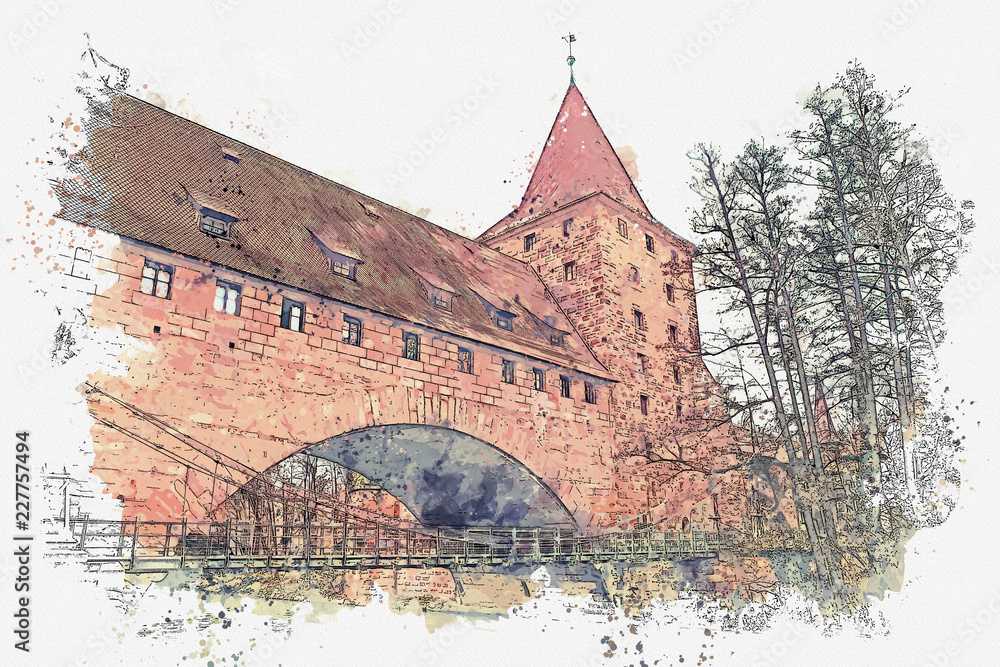 A watercolor sketch or an illustration of traditional German ...