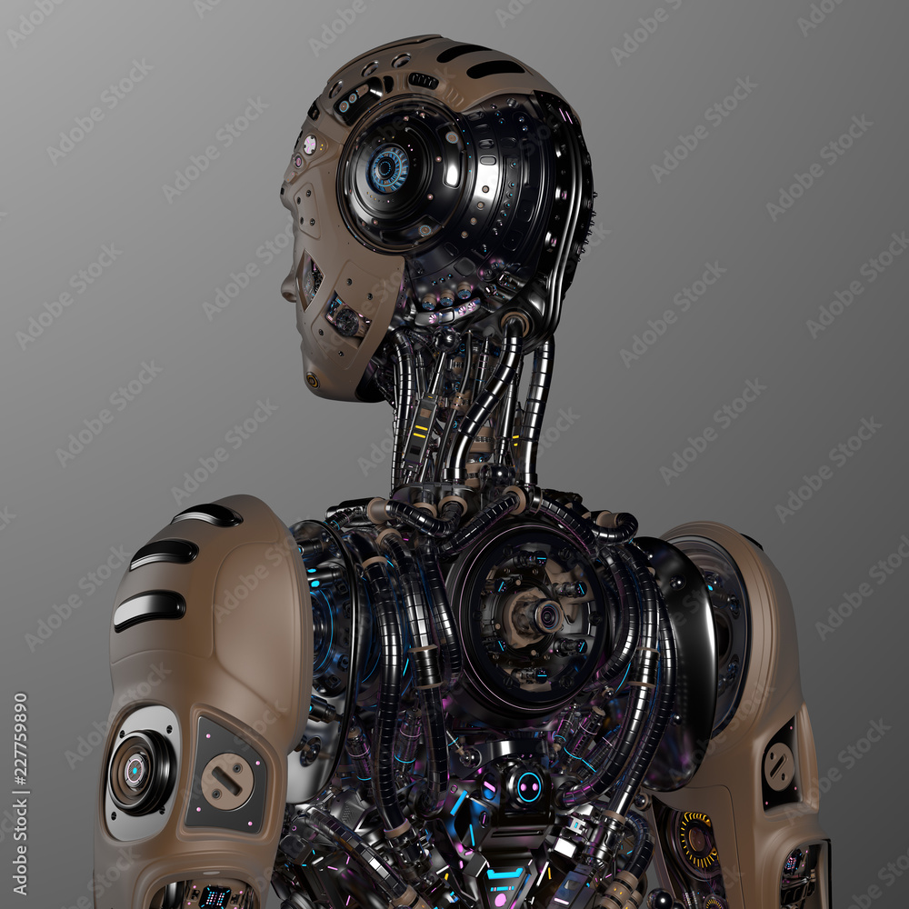 Robot Man or very detailed futuristic cyborg with uncovered internal ...