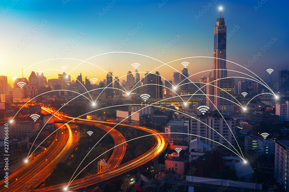 Network connection line between building over of cityscape background ...