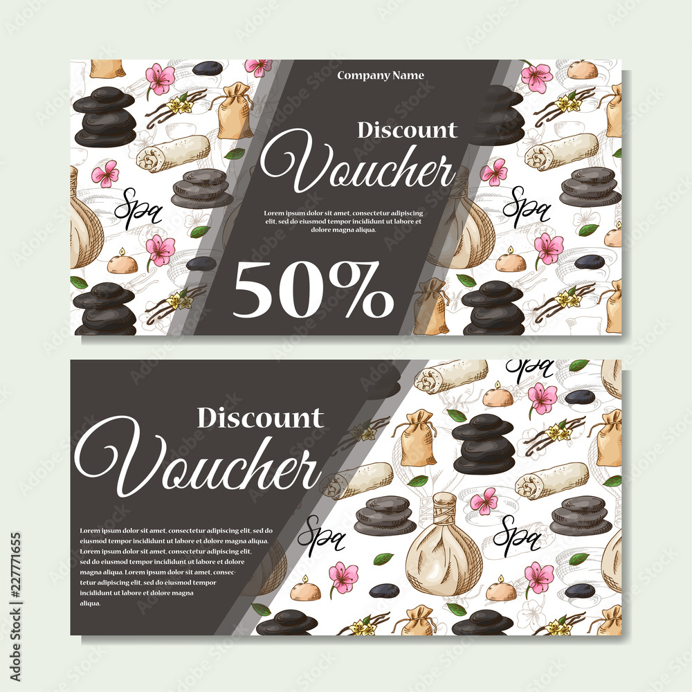 Gift voucher template with spa elements in hand drawn style. Sketch ...