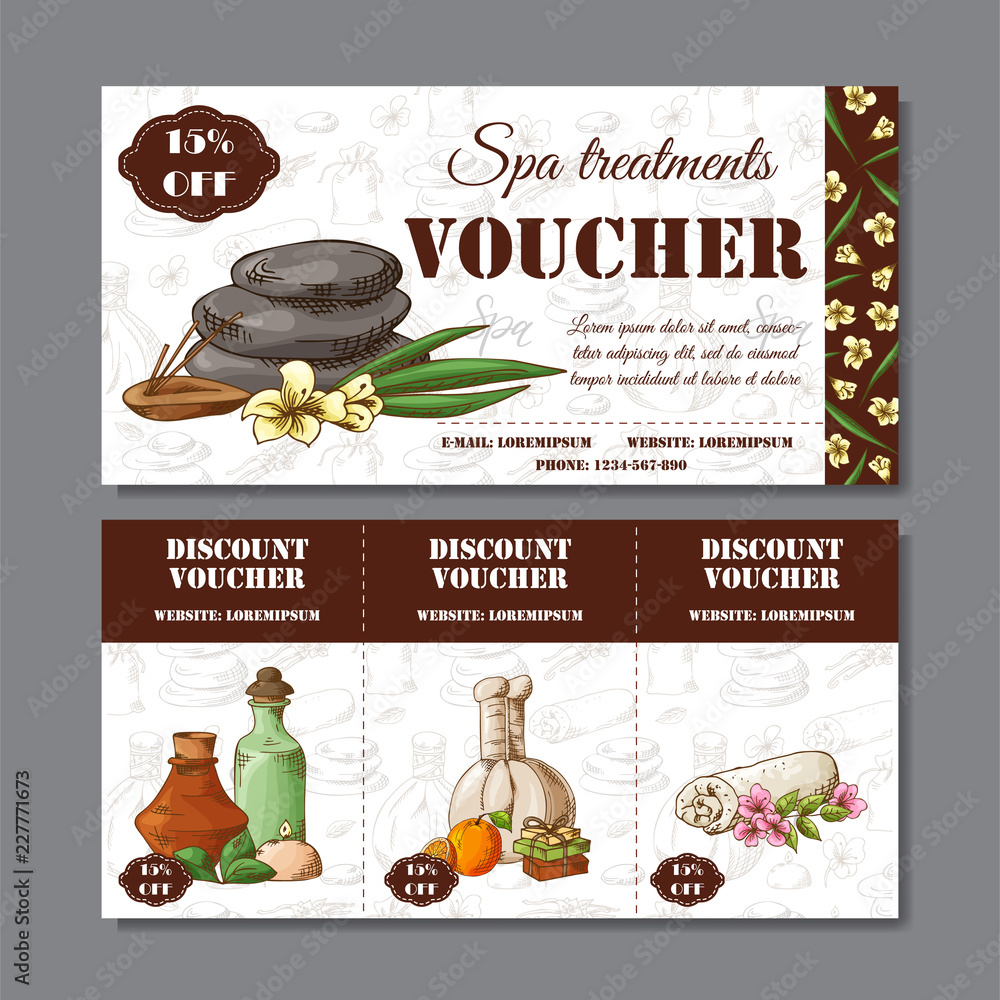 Gift voucher template with spa elements in hand drawn style. Sketch ...