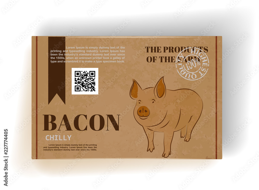Realistic cardboard box with pork meat. Package design. Vector. Stock ...