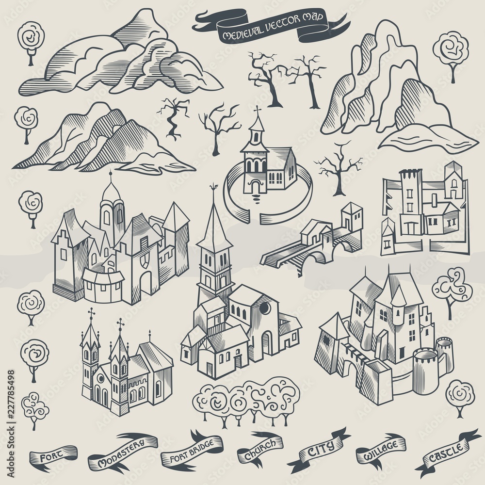 Medieval middle age map elements engraving and woodcut style vector ...