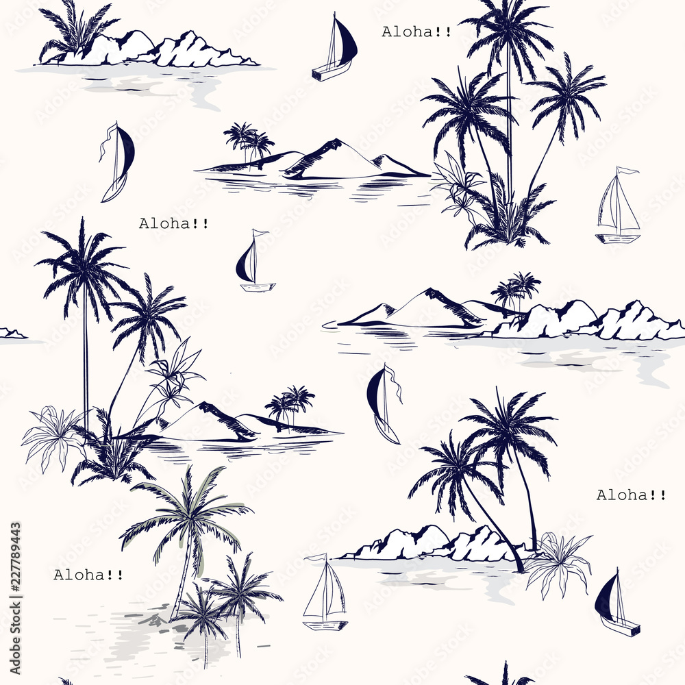 Beautiful seamless island pattern on white background. Landscape with ...