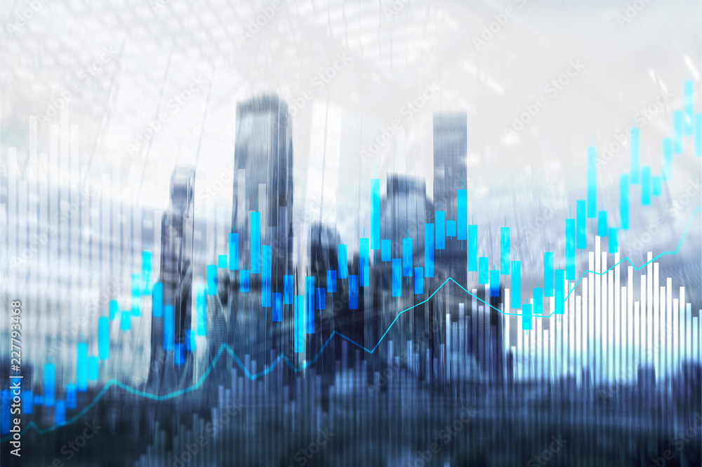 Stock trading candlestick chart and diagrams on blurred office center ...