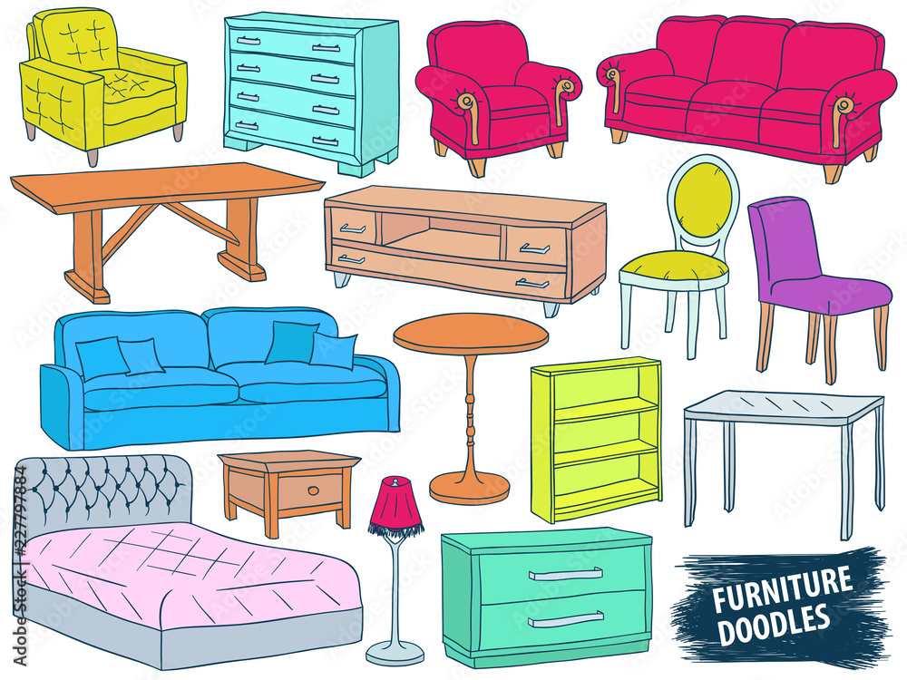 Furniture doodles set interior design home collection sketch modern ...