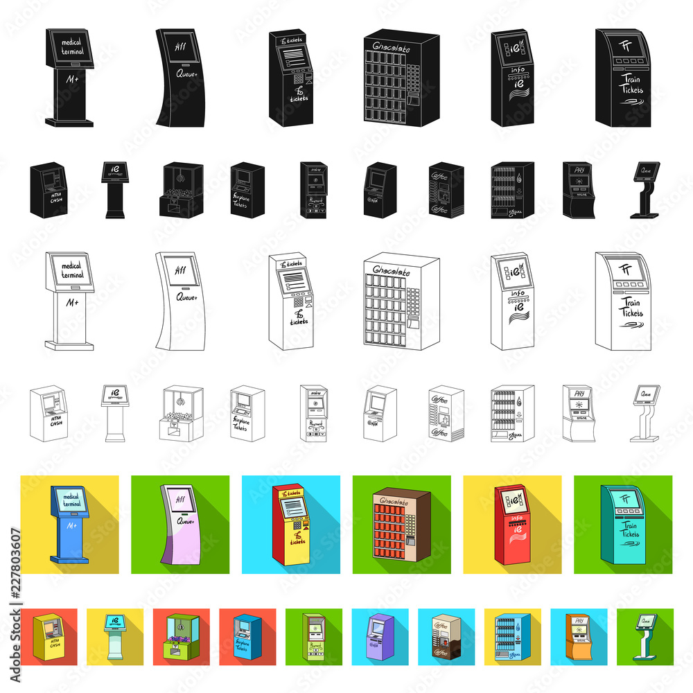 Variety of terminals flat icons in set collection for design. ATM and ...