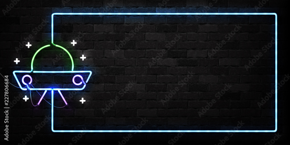 Vector realistic isolated neon sign of UFO frame logo for decoration ...