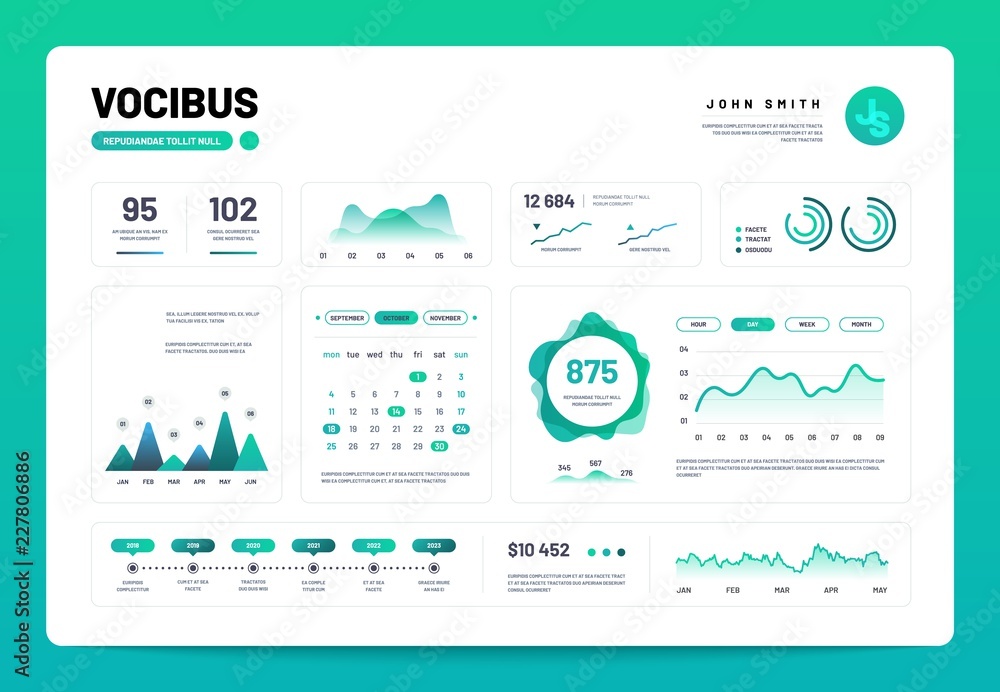 Infographic dashboard. Admin panel interface with green charts, graphs ...