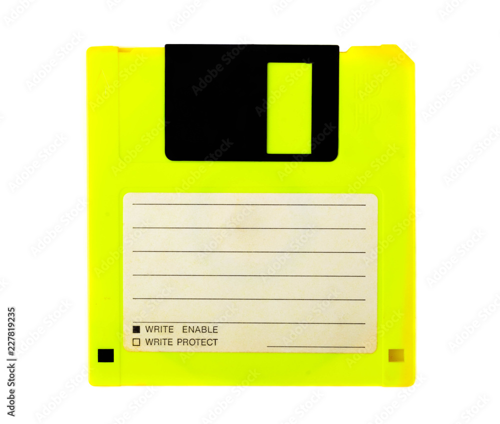 Yellow floppy disk with blank label on white background. Magnetic means ...