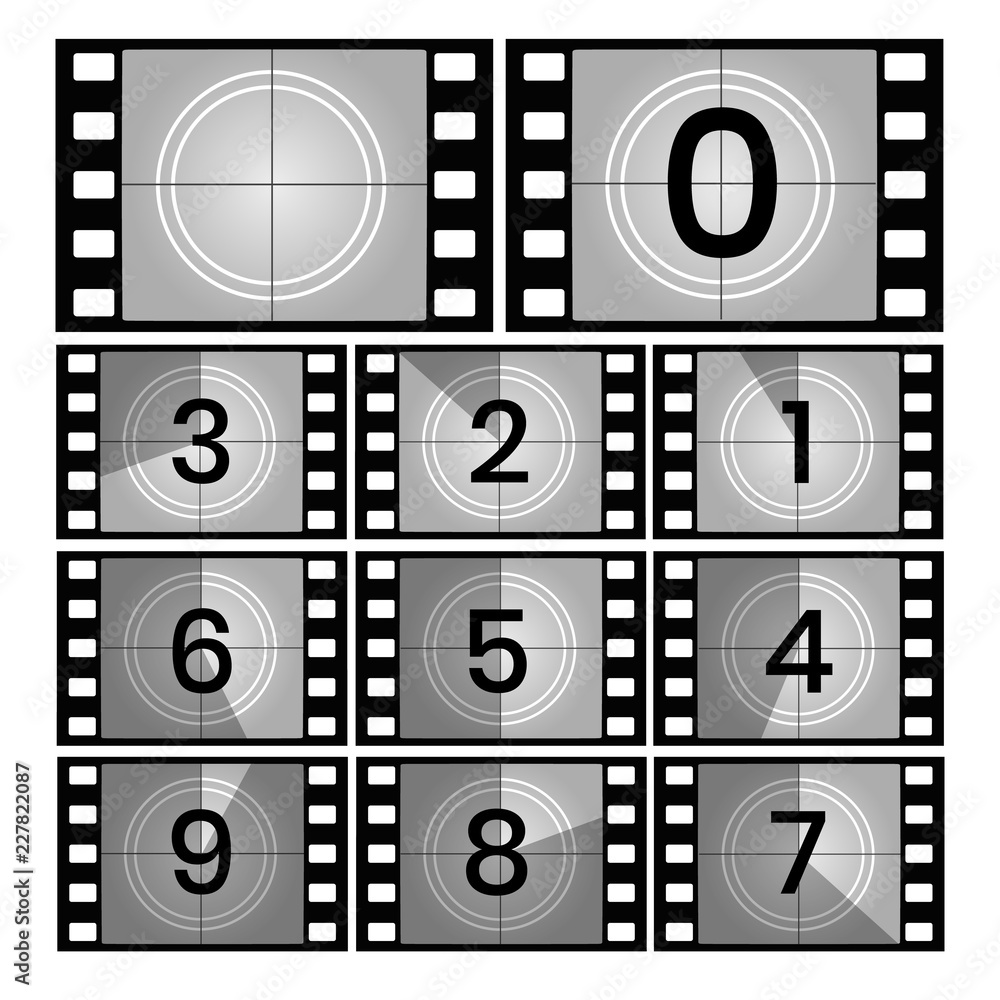 Movie count. Retro film countdown frames, old cinema filmstrip count ...