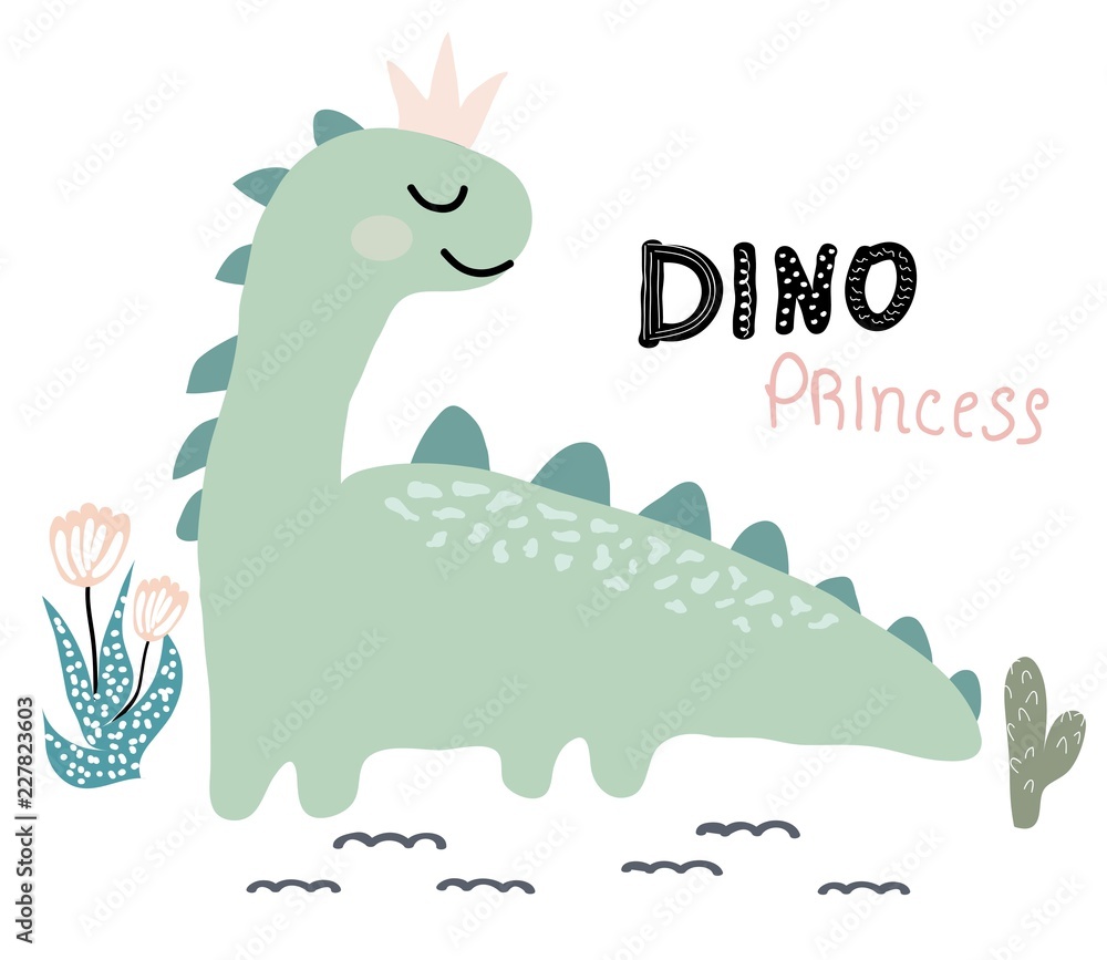 dinosaur princess vector print in scandinavian style. chldish ...
