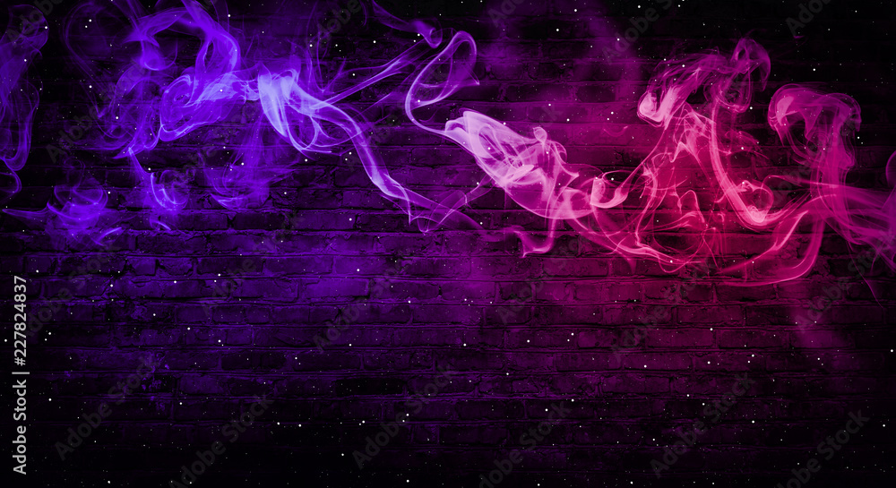 colorful smoke on a black background. Empty background of black brick ...