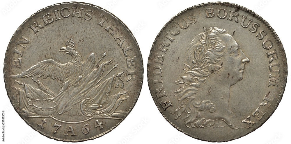 German Germany Prussia Prussian silver coin 1 one thaler 1764, crowned eagle sitting on pile of ...
